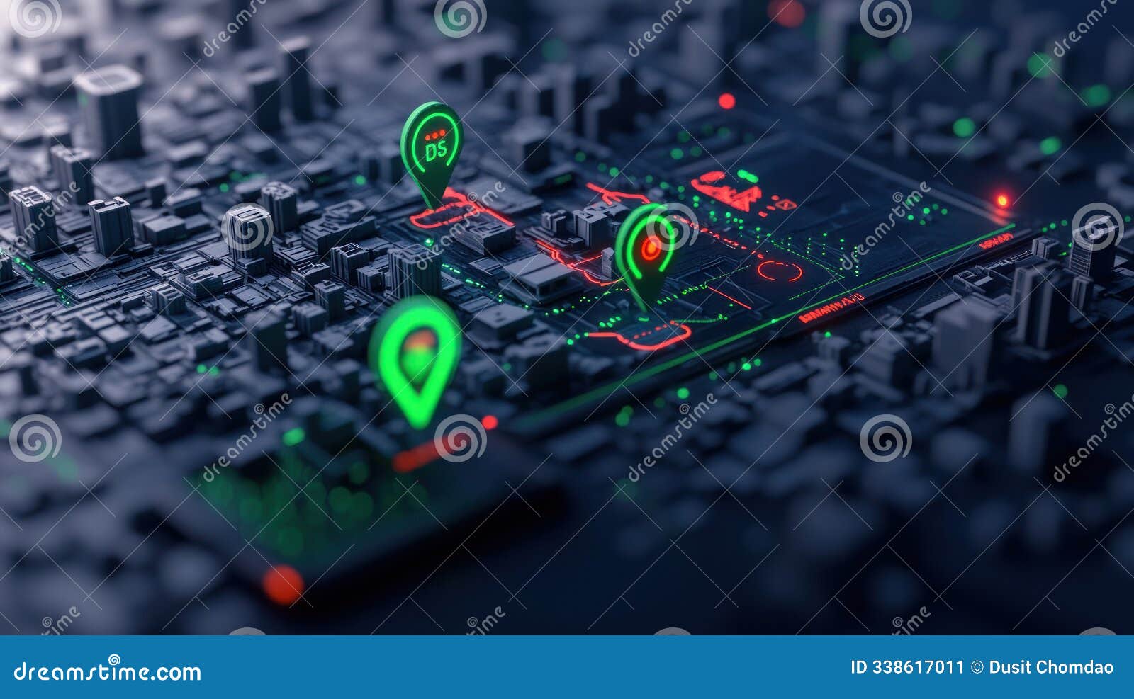 Stylized GPS Navigation Screen with Bright Green Markers and Urban ...