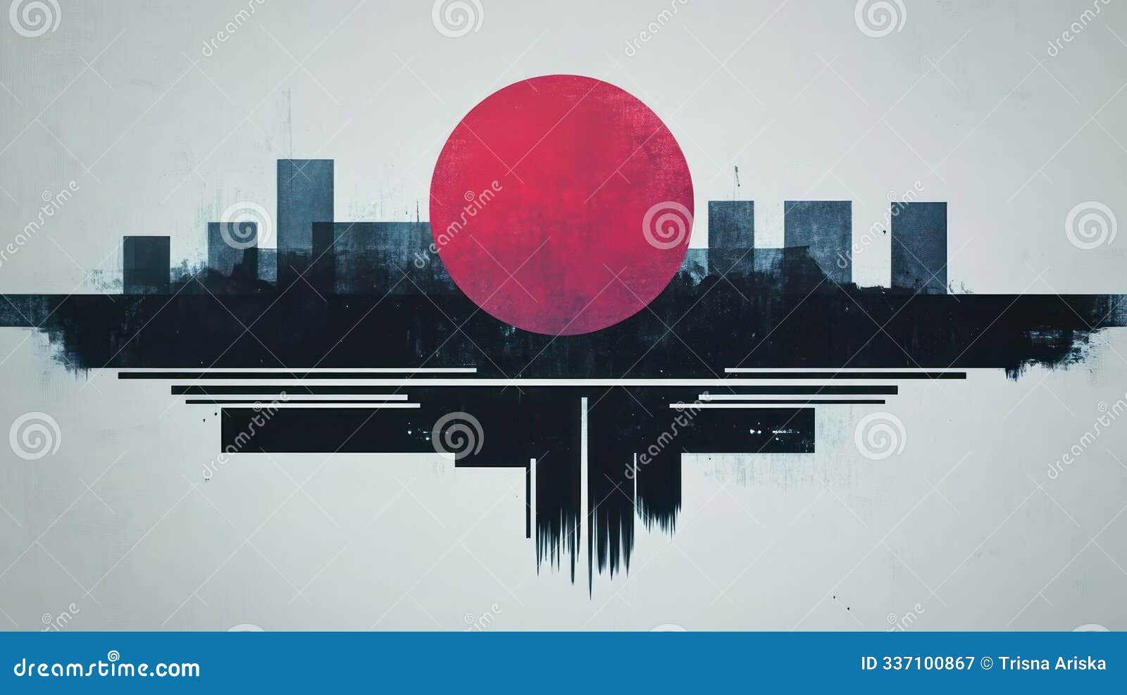 A Stylized Graphic Featuring a Red Sun Over a City Skyline with ...