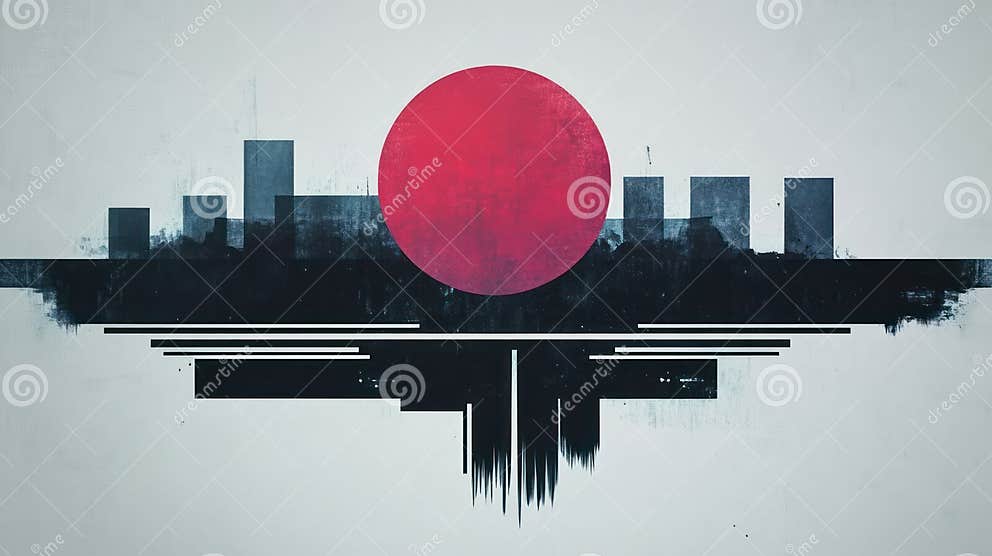 A Stylized Graphic Featuring a Red Sun Over a City Skyline with ...