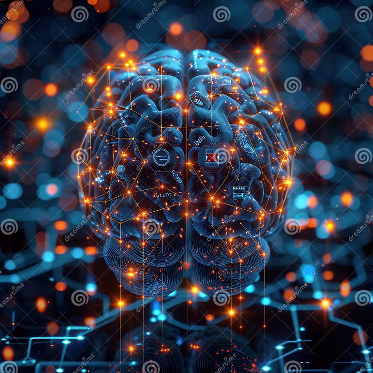 Stylized Grayscale Brain Image with Dynamic, Colored Dots Symbolizing ...