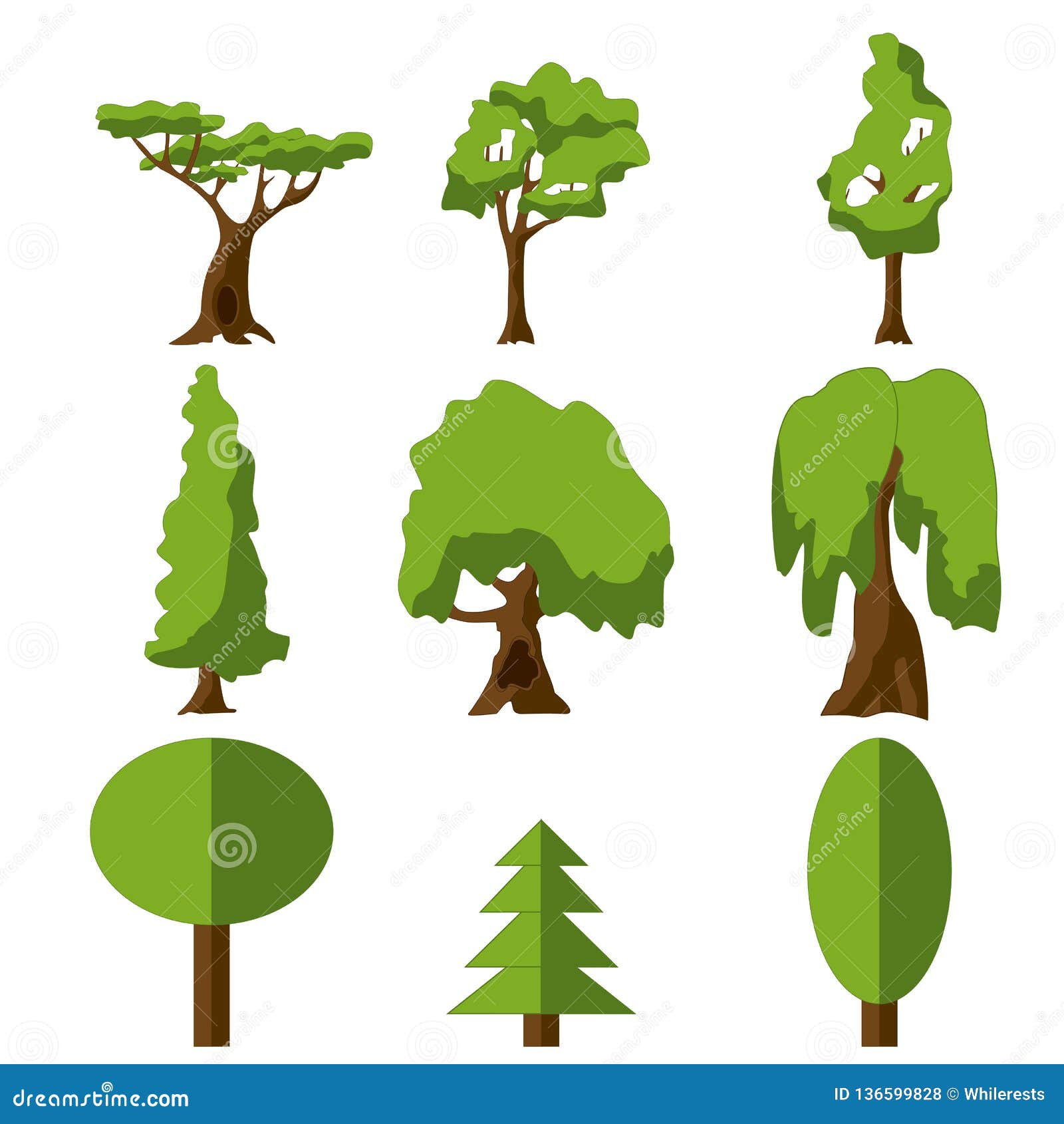 Stylized Green Tree Icon. Cartoon Isolated Set Stock Vector ...