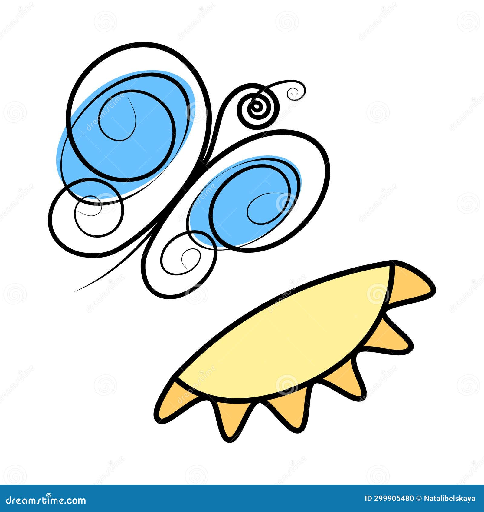 Stylized Half Sun and Butterfly with Spots in Trendy Marker Blue Shade ...