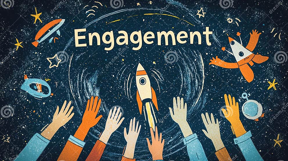 Stylized Hands Reaching Toward Rockets in Space with "Engagement" Text ...