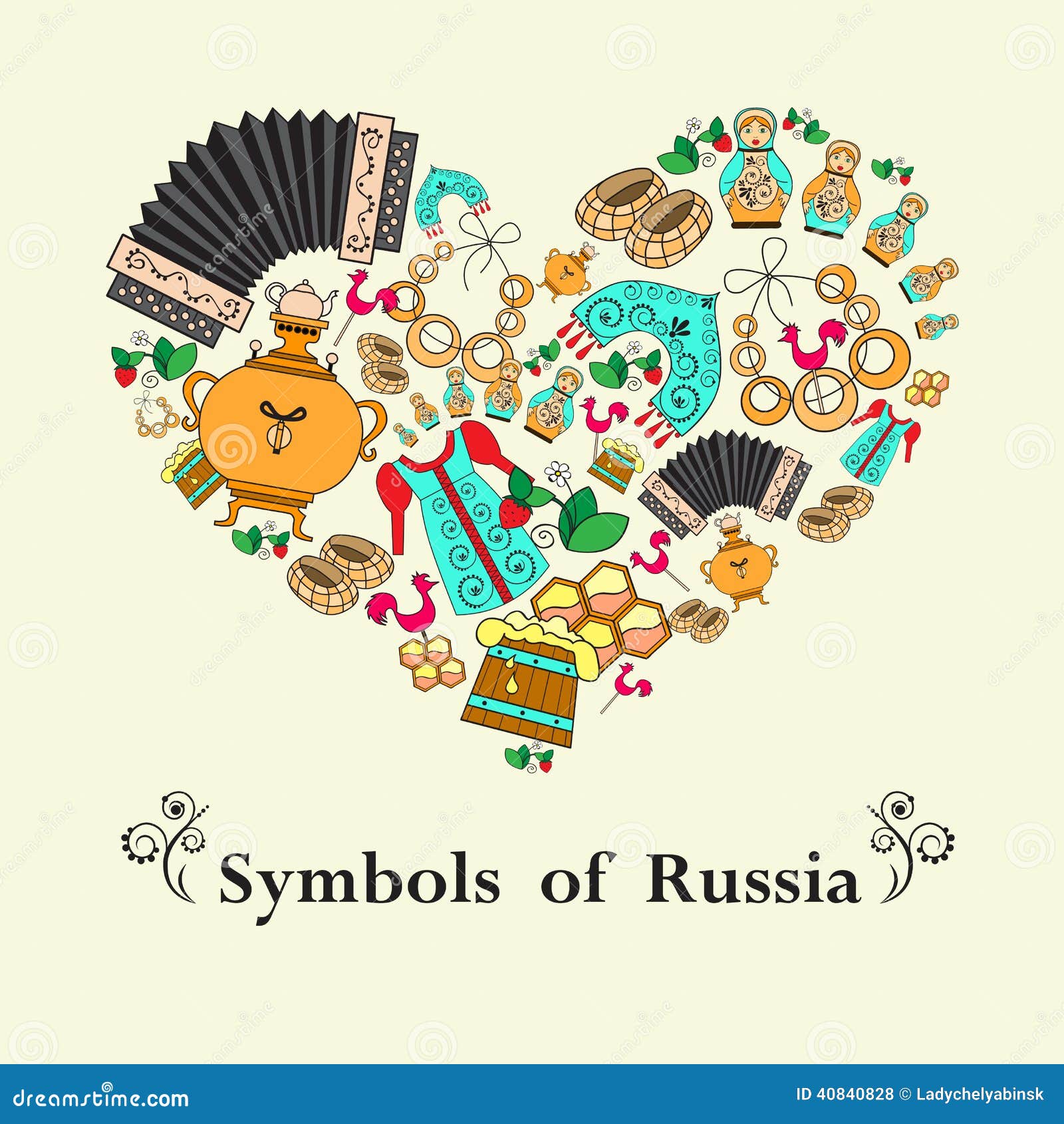 A Stylized Map Of Russia With The Symbols Of Culture And Nature Cartoon ...