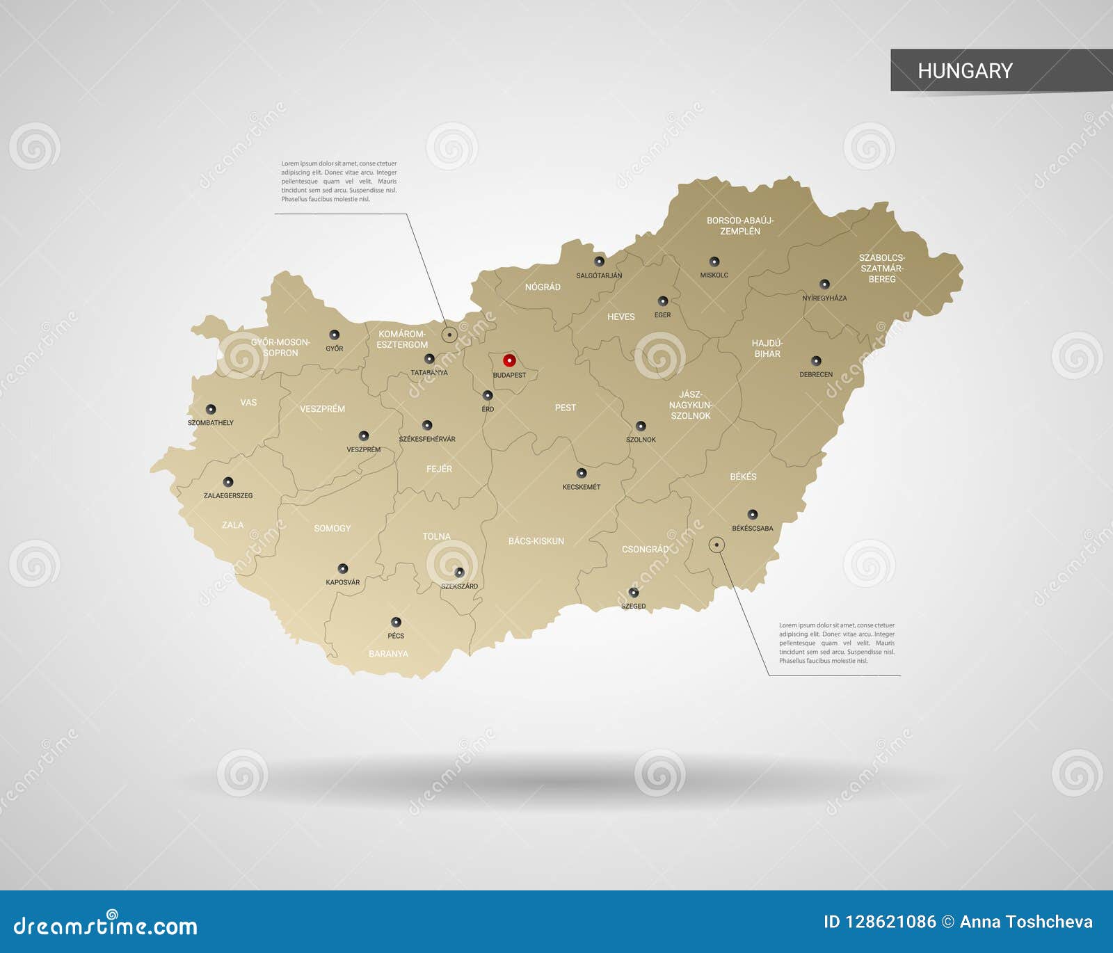 Vector Map Of Hungary. High Detailed Country Map With Division, Cities ...