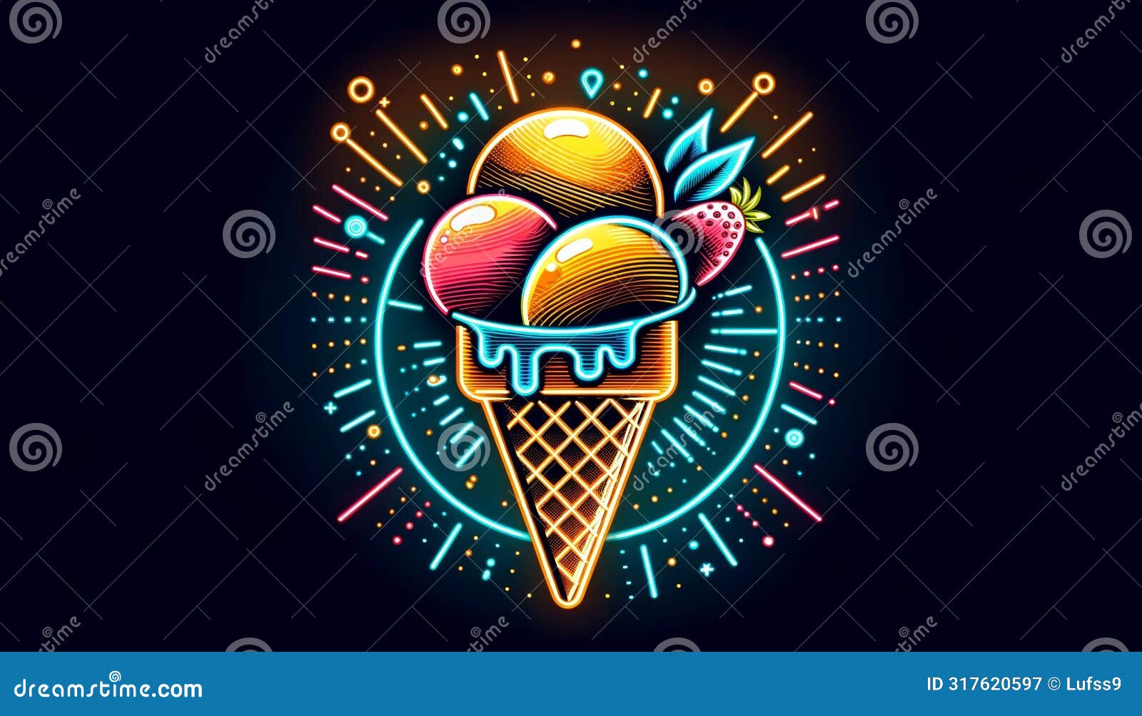 Stylized Ice Cream Cone Under a Neon Glow, Decorated with Abstract Sun ...