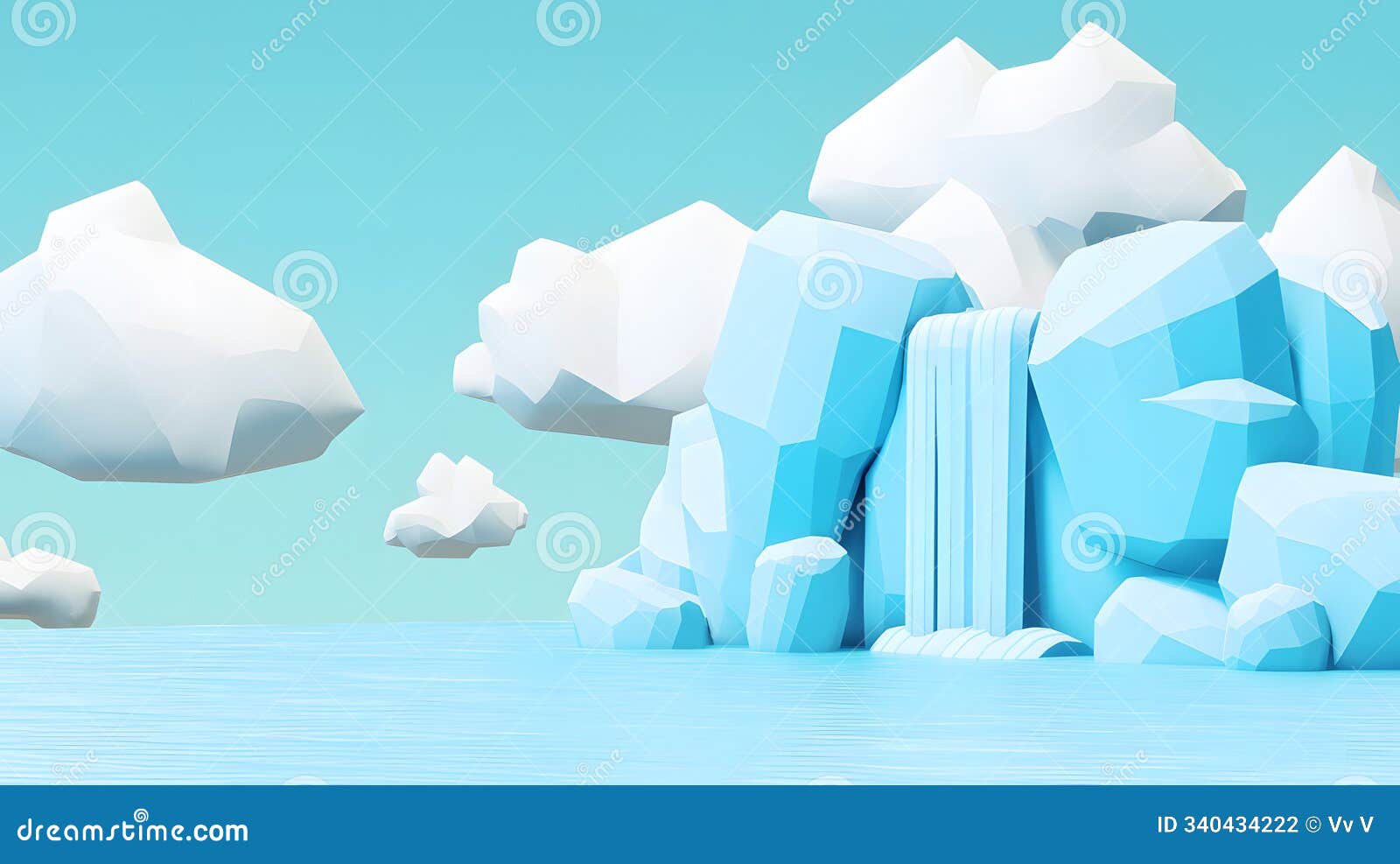 Stylized Iceberg with Waterfall and Clouds Stock Illustration ...