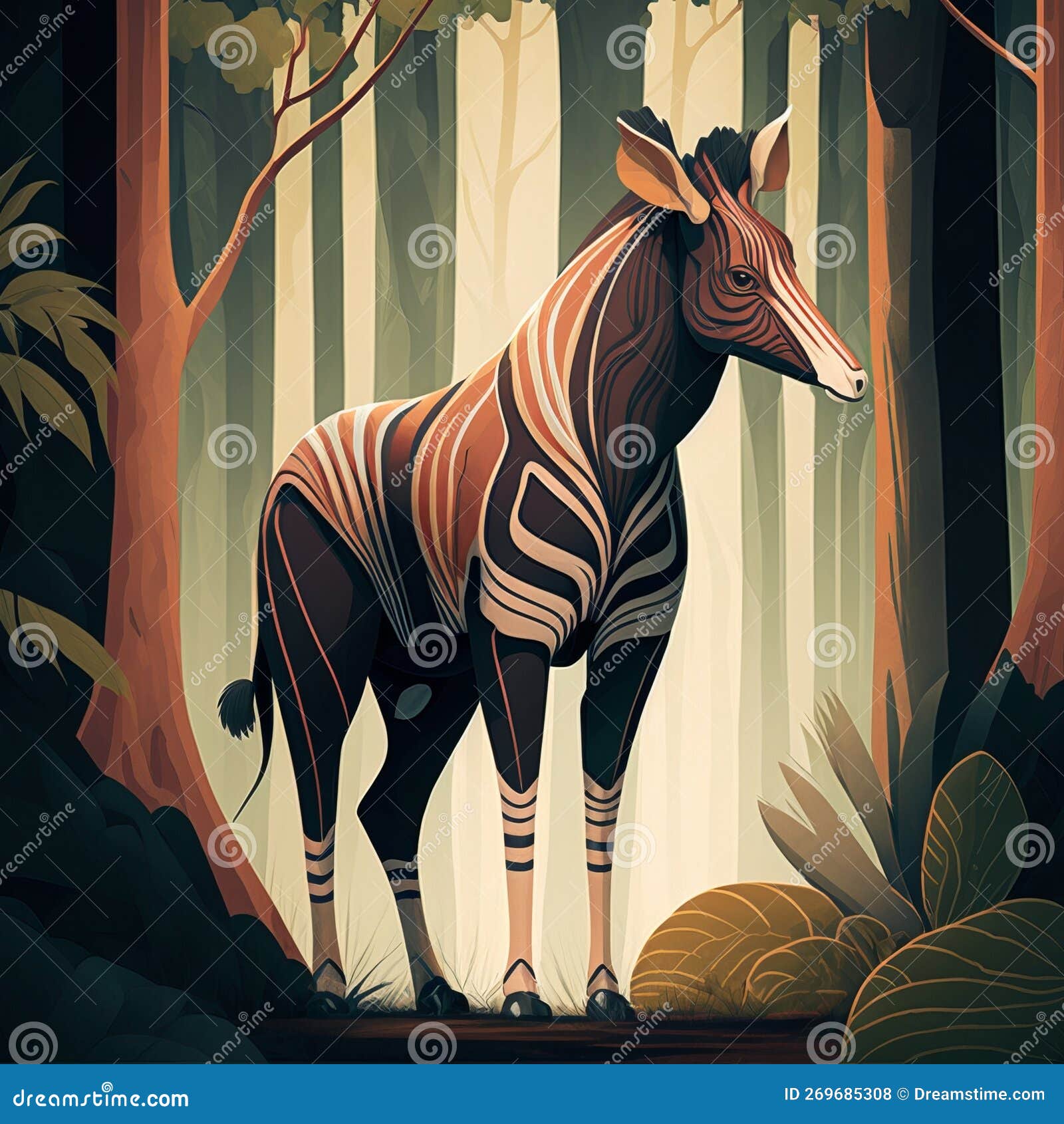 Stylized Illustrated Okapi in Forest (generative AI) Stock Illustration ...