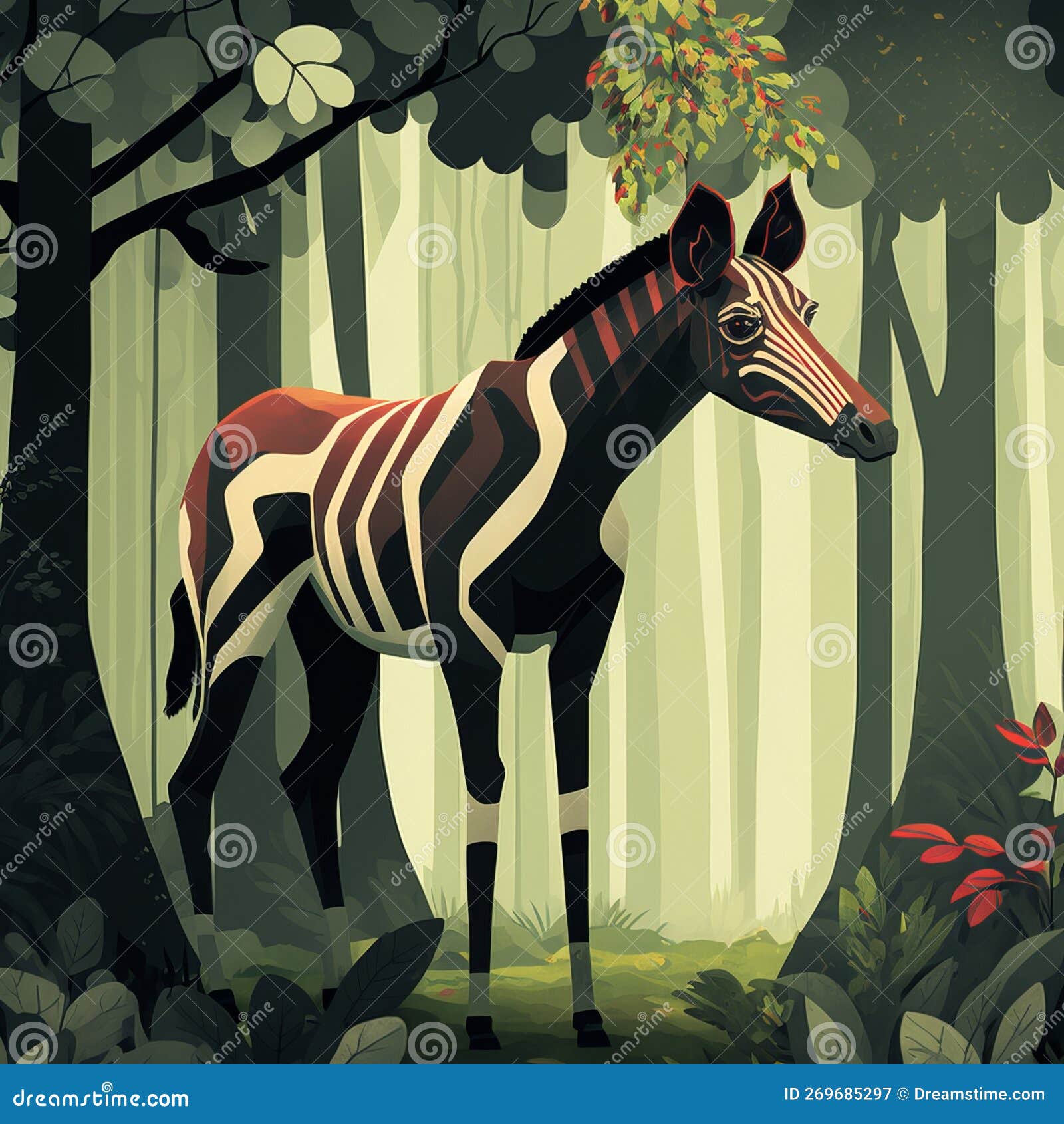 Stylized Illustrated Okapi in Forest (generative AI) Stock Illustration ...