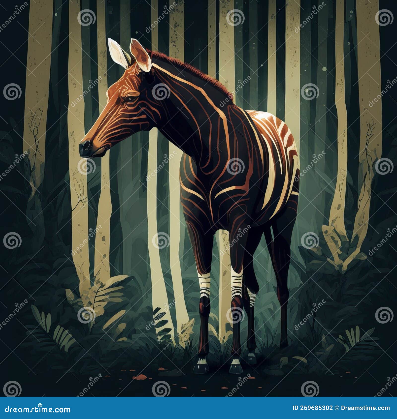 Stylized Illustrated Okapi in Forest (generative AI) Stock Illustration ...