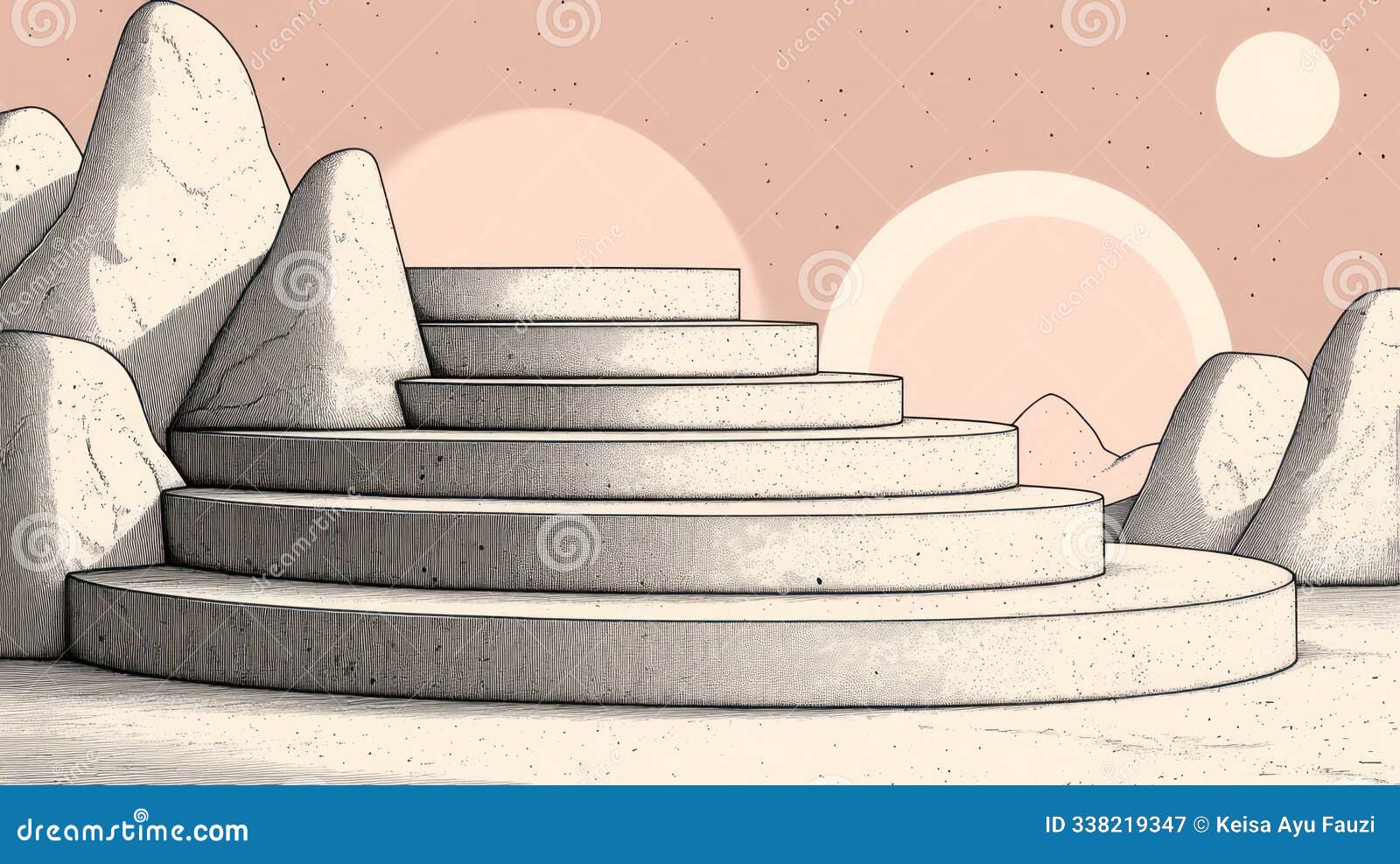 A Stylized Illustration of Circular Steps Amidst Abstract Mountains and ...