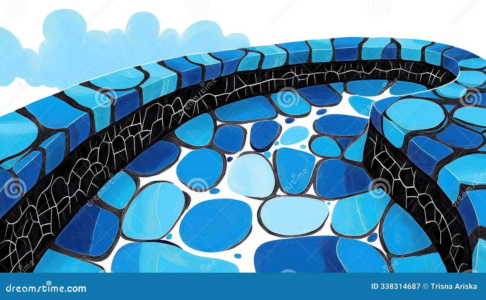 A Stylized Illustration of a Curved, Blue Stone Pathway with a Vibrant ...