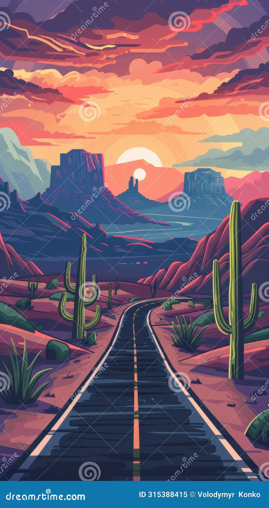 Stylized Illustration of a Desert Sunset with Cacti and Train Tracks ...