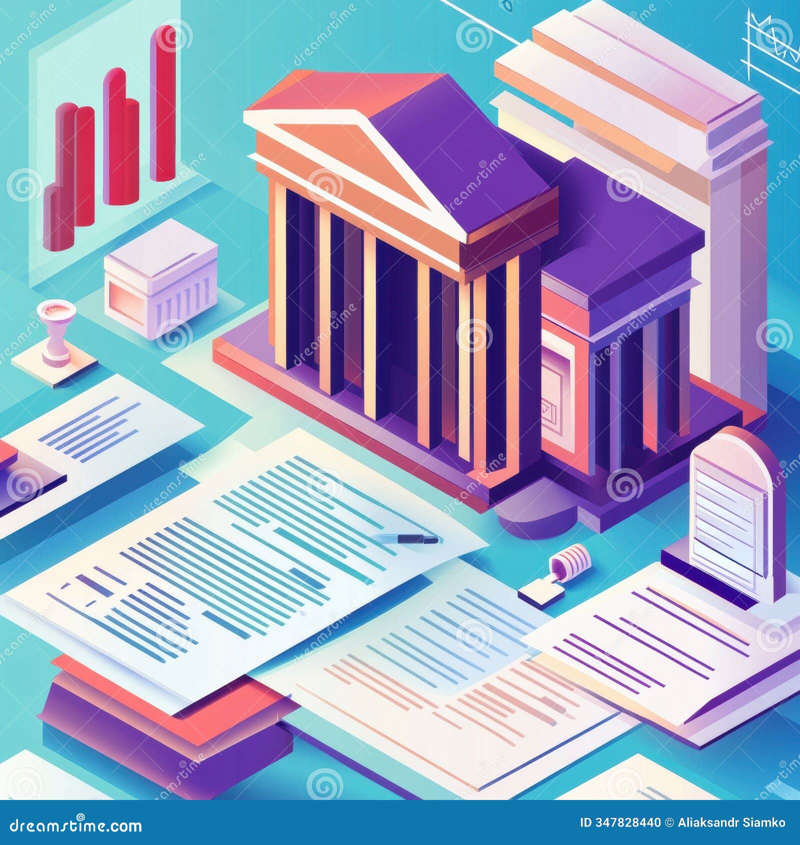 Stylized Illustration Featuring Classic Architecture and Financial ...