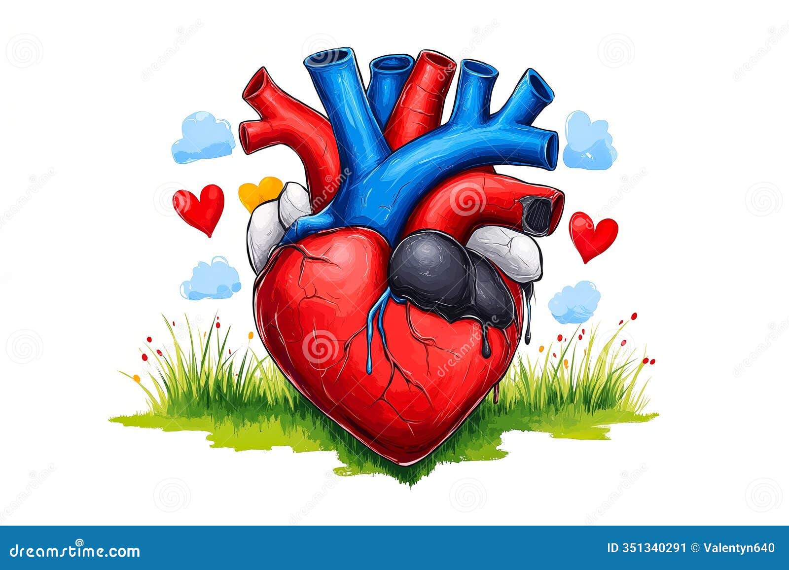 A Drawing of a Human Heart in the Grass with Hearts Stock Illustration ...