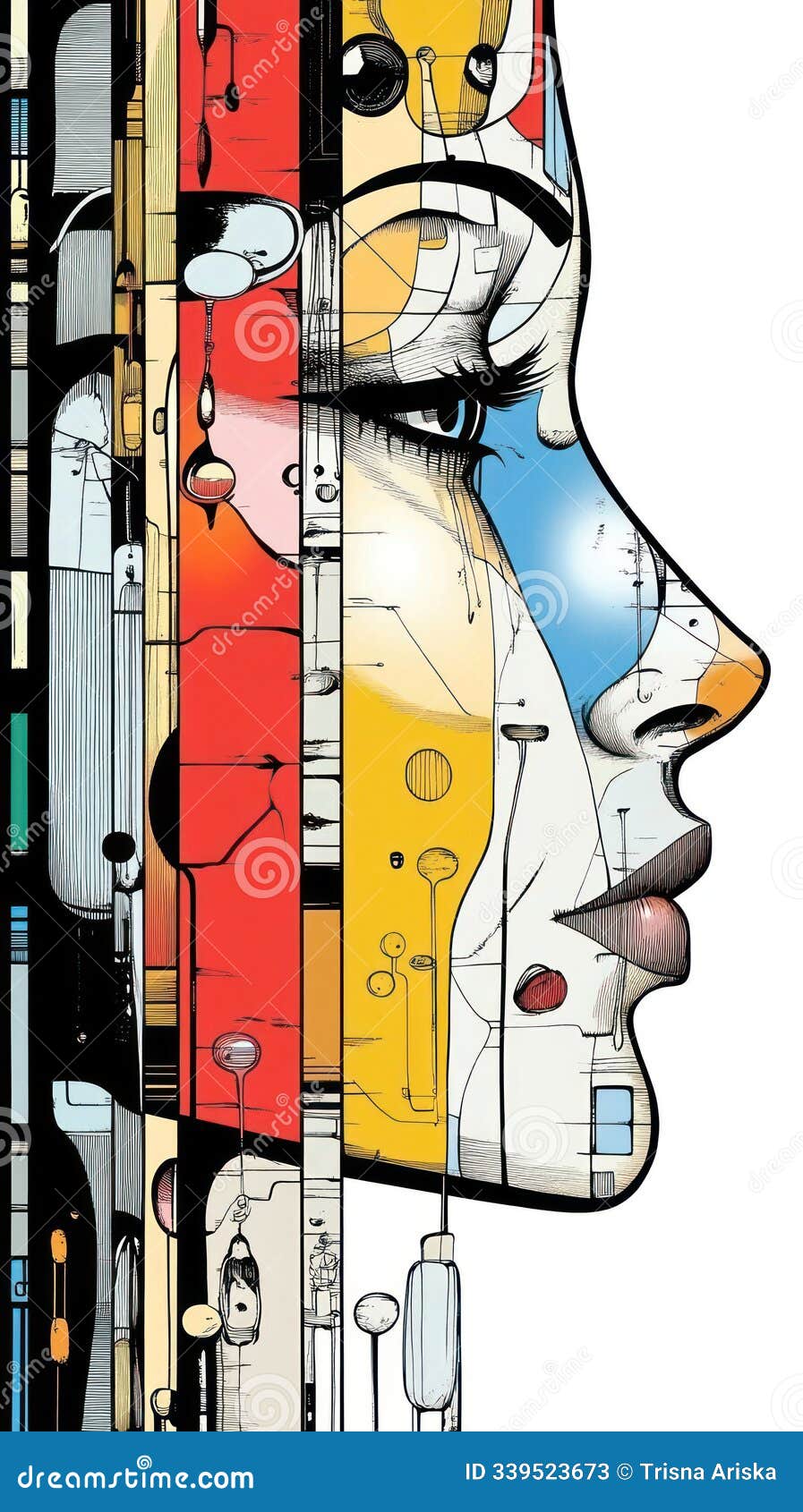 A Stylized Illustration of a Human Face Merging with Abstract Geometric ...