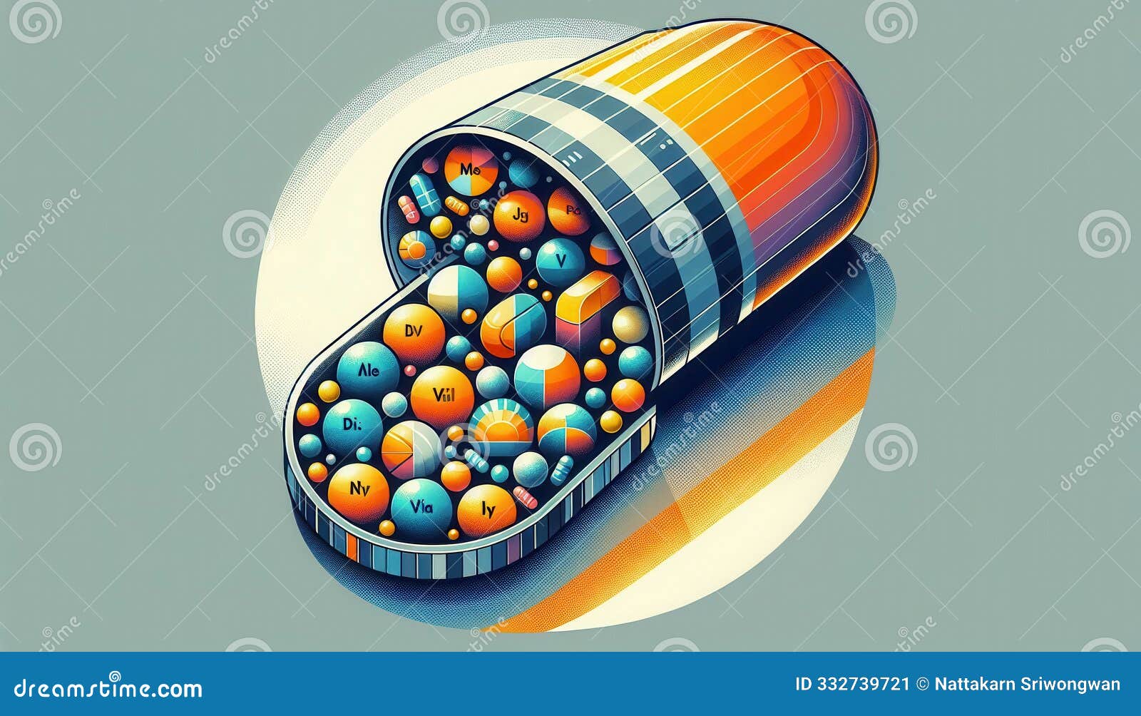 A Stylized Illustration of a Pill Capsule, Split in Half, Revealing a ...