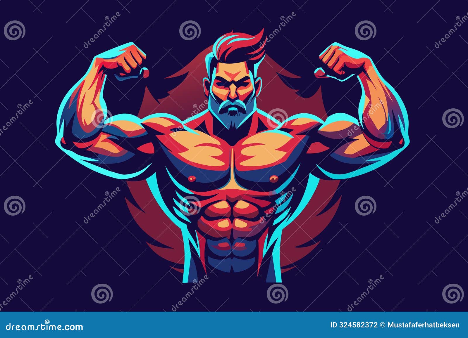 Stylized Illustration of a Powerful Man Flexing His Muscles Confidently ...