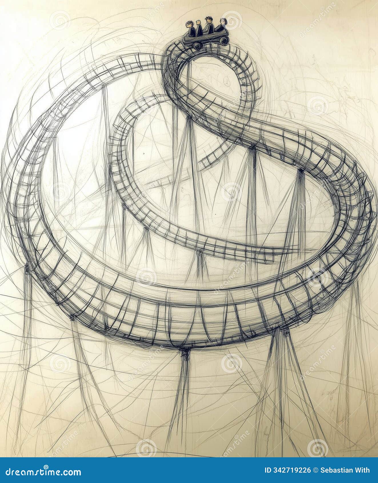 Stylized Illustration of a Roller Coaster with Four Riders Enjoying the ...