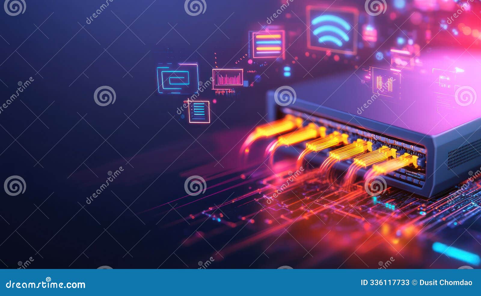 Stylized Illustration of Router and Switch with Vibrant Data Flow Stock ...