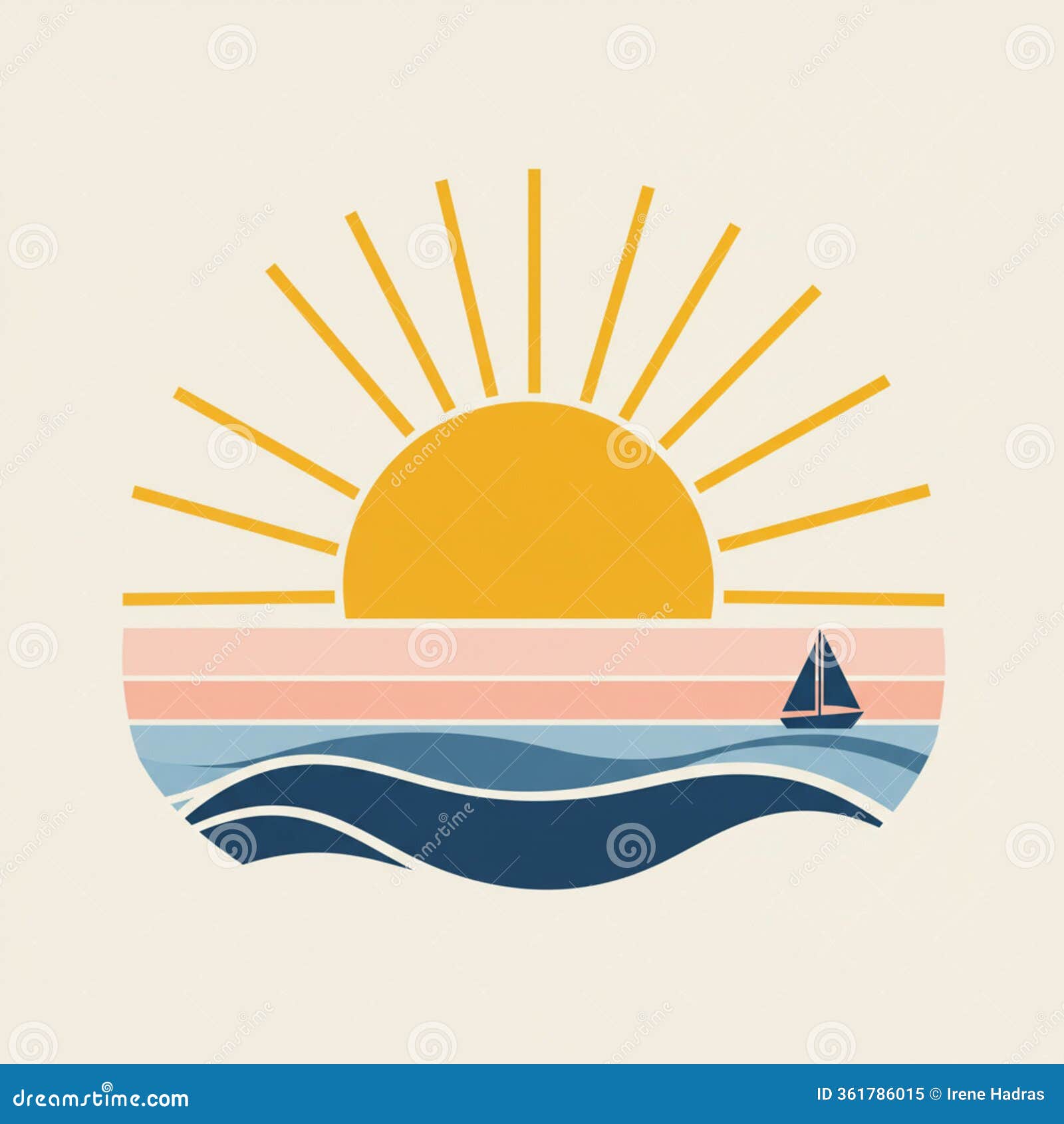 Stylized Illustration of a Sun Setting or Rising Over the Ocean. Stock ...