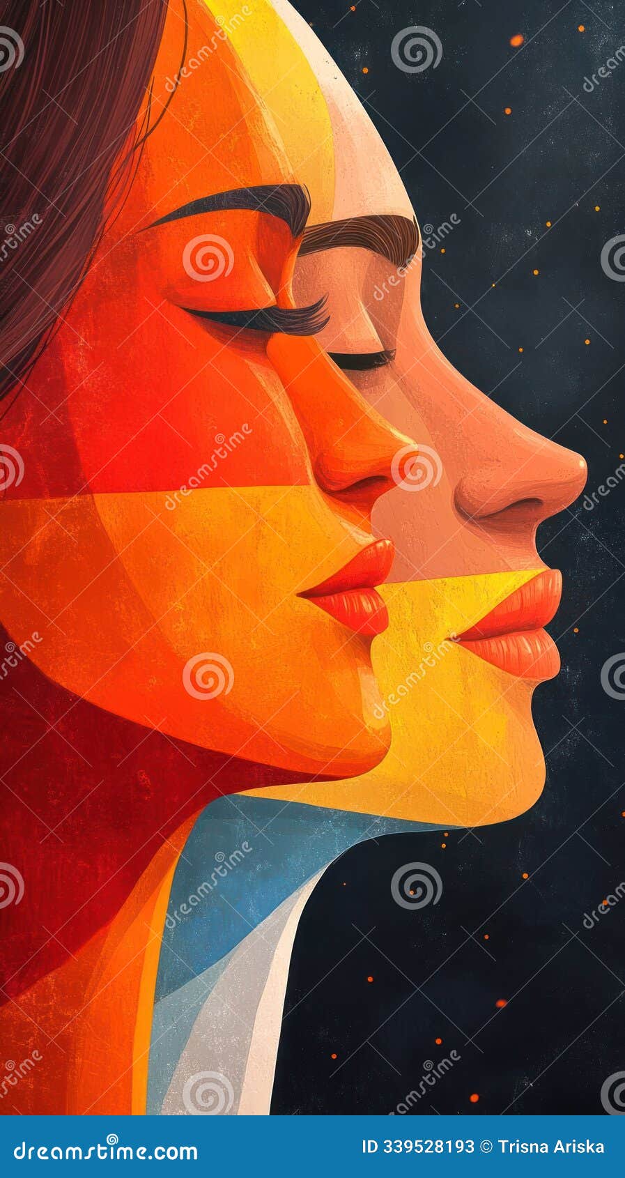 A Stylized Illustration of Two Female Profiles in Warm Colors ...