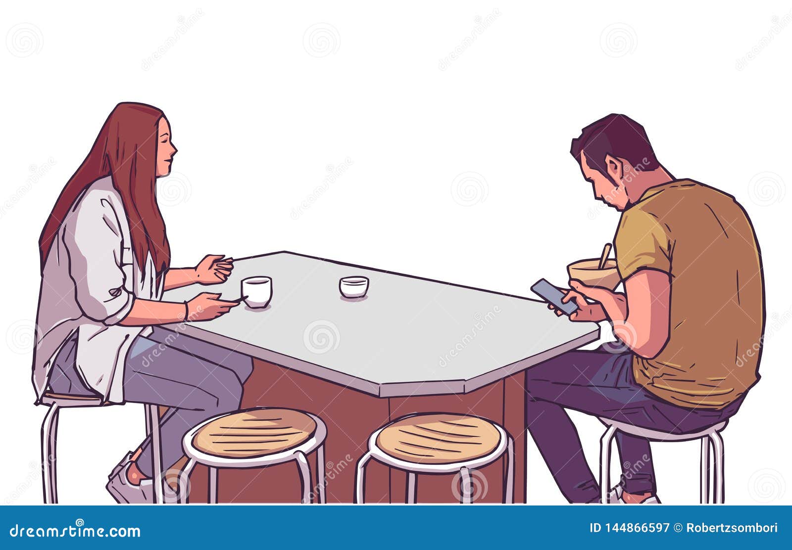 Illustration of Young Couple Having Coffee and Talking Over Kitchen ...