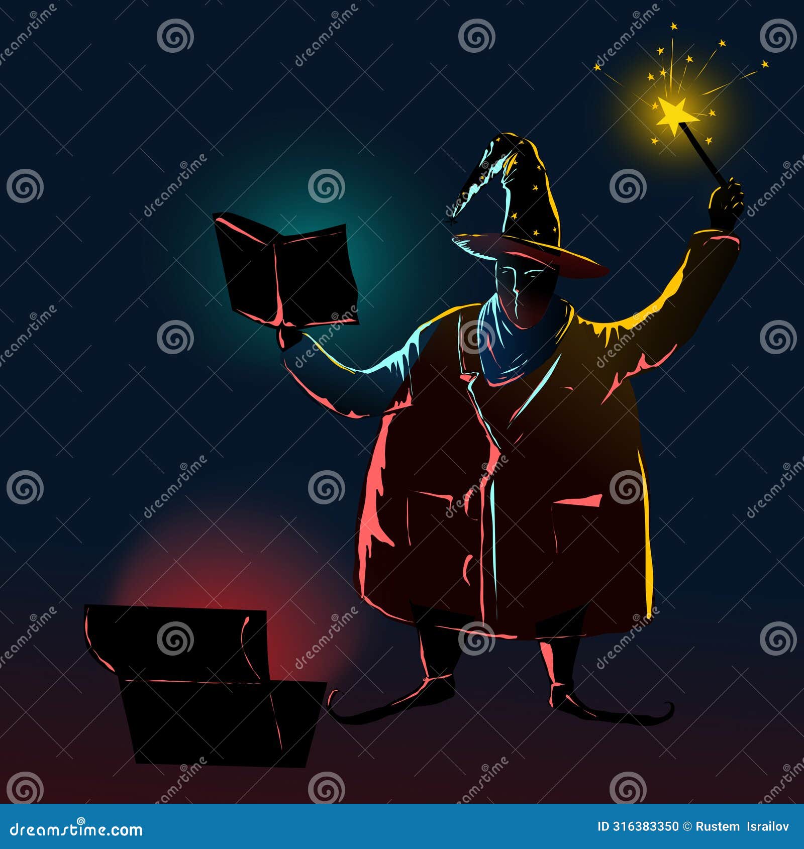 Stylized Image of a Fat Black Wizard Conjuring with a Magic Stick while ...
