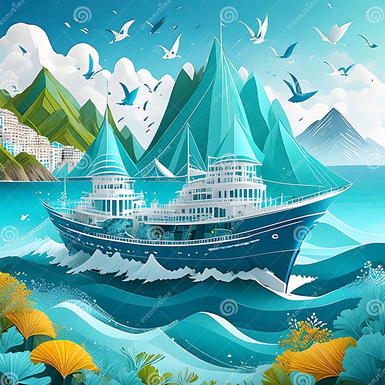 Stylized Image of Large Celestial Ship in the Middle of the Sea ...