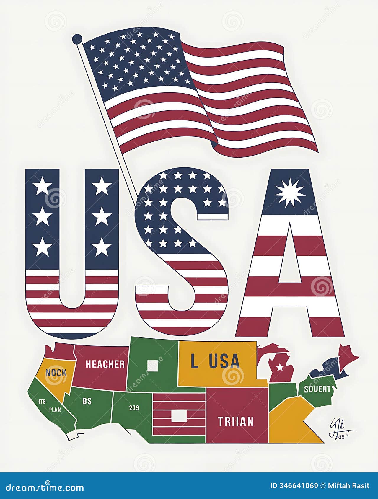 American Flag Design Featuring USA Letters and Map Stock Illustration ...