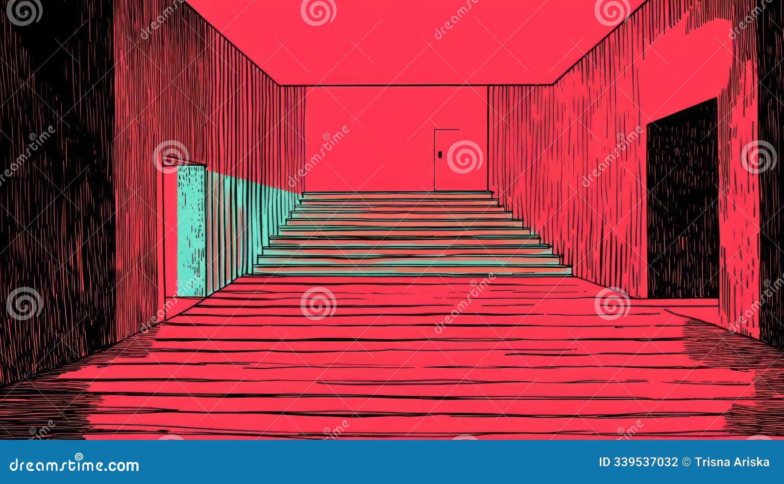 A Stylized Interior Space with Stairs and Doorways, Featuring Bold ...