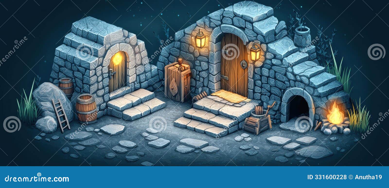 Stylized Isometric Dungeon Scene with Stone Structures and Warm ...
