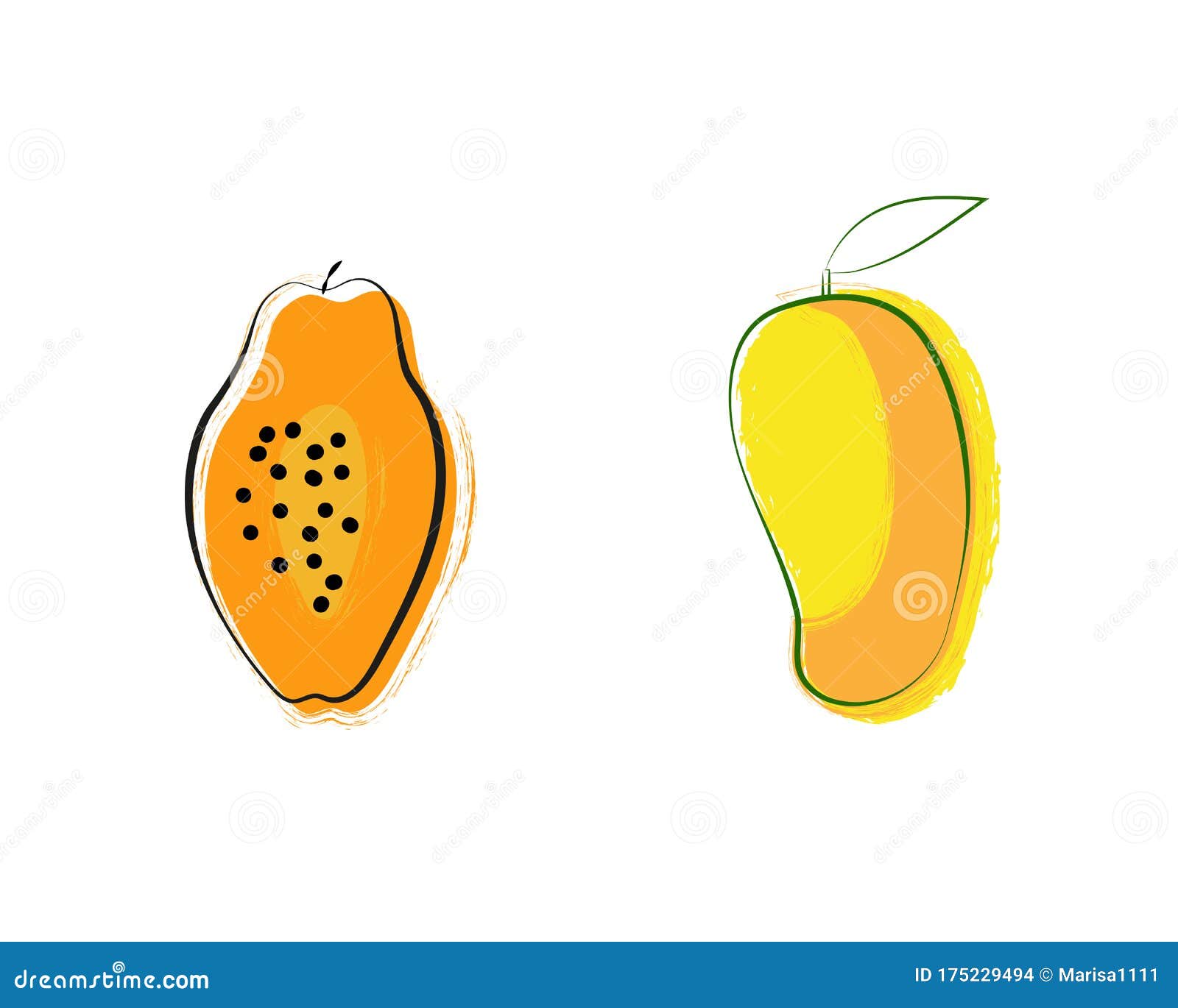 Stylized Juicy Mango and Papaya Fruit, Isolated on a White Background ...