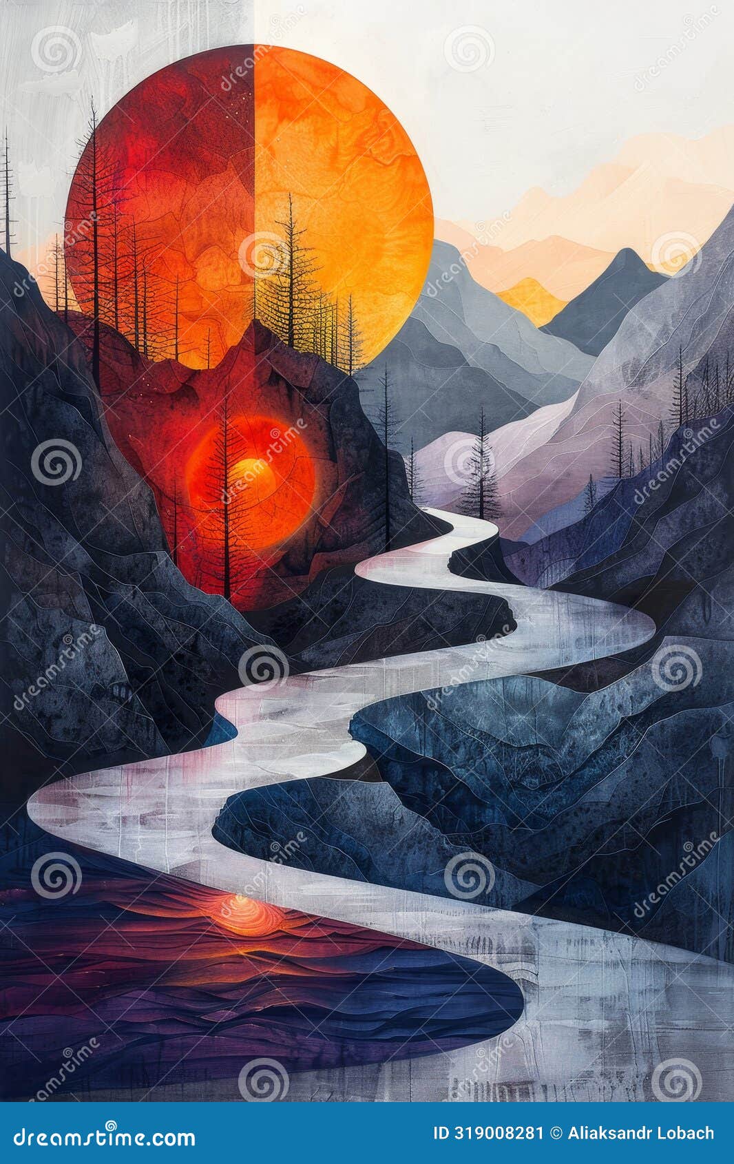 Stylized Landscape, Abstract View of Mountains, River and Setting Sun ...