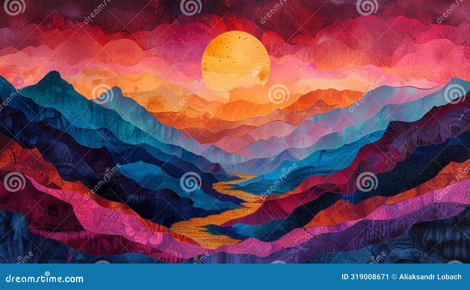 Stylized Landscape, Abstract View of Mountains, River and Setting Sun ...