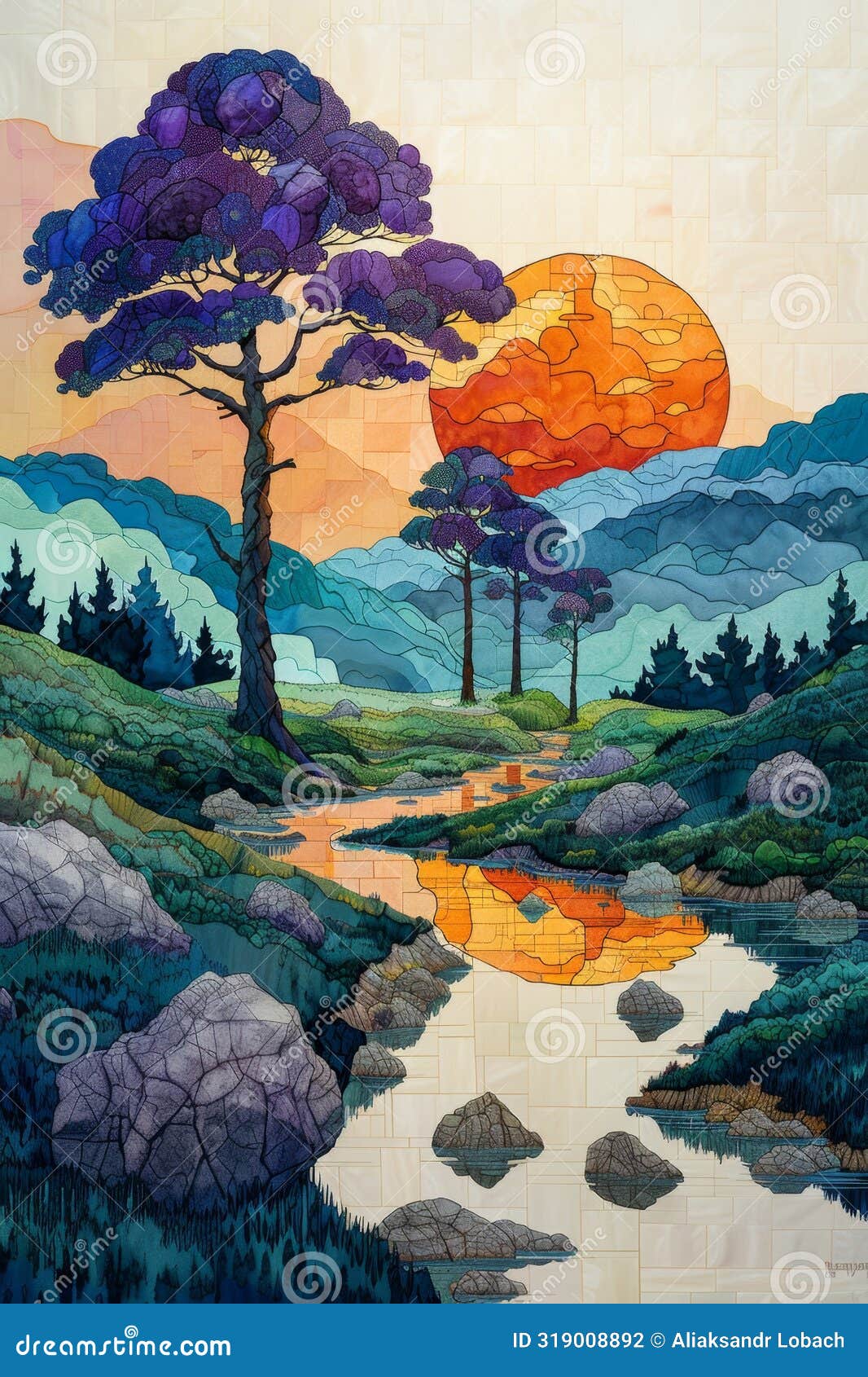 Stylized Landscape, Abstract View of Mountains and Setting Sun ...
