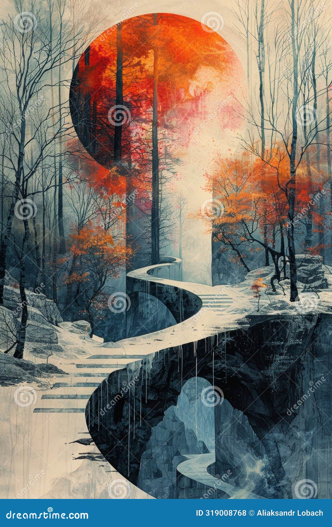 Stylized Landscape, Abstract View of Winding Road and Setting Sun ...