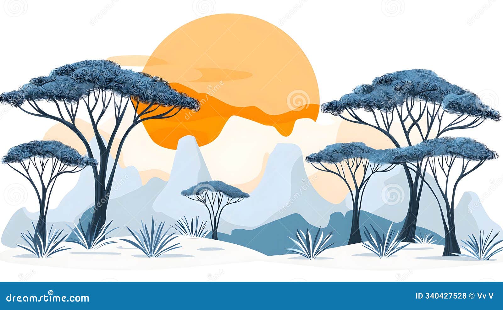 Stylized Landscape with Blue Trees and Sunset Stock Photo - Image of ...