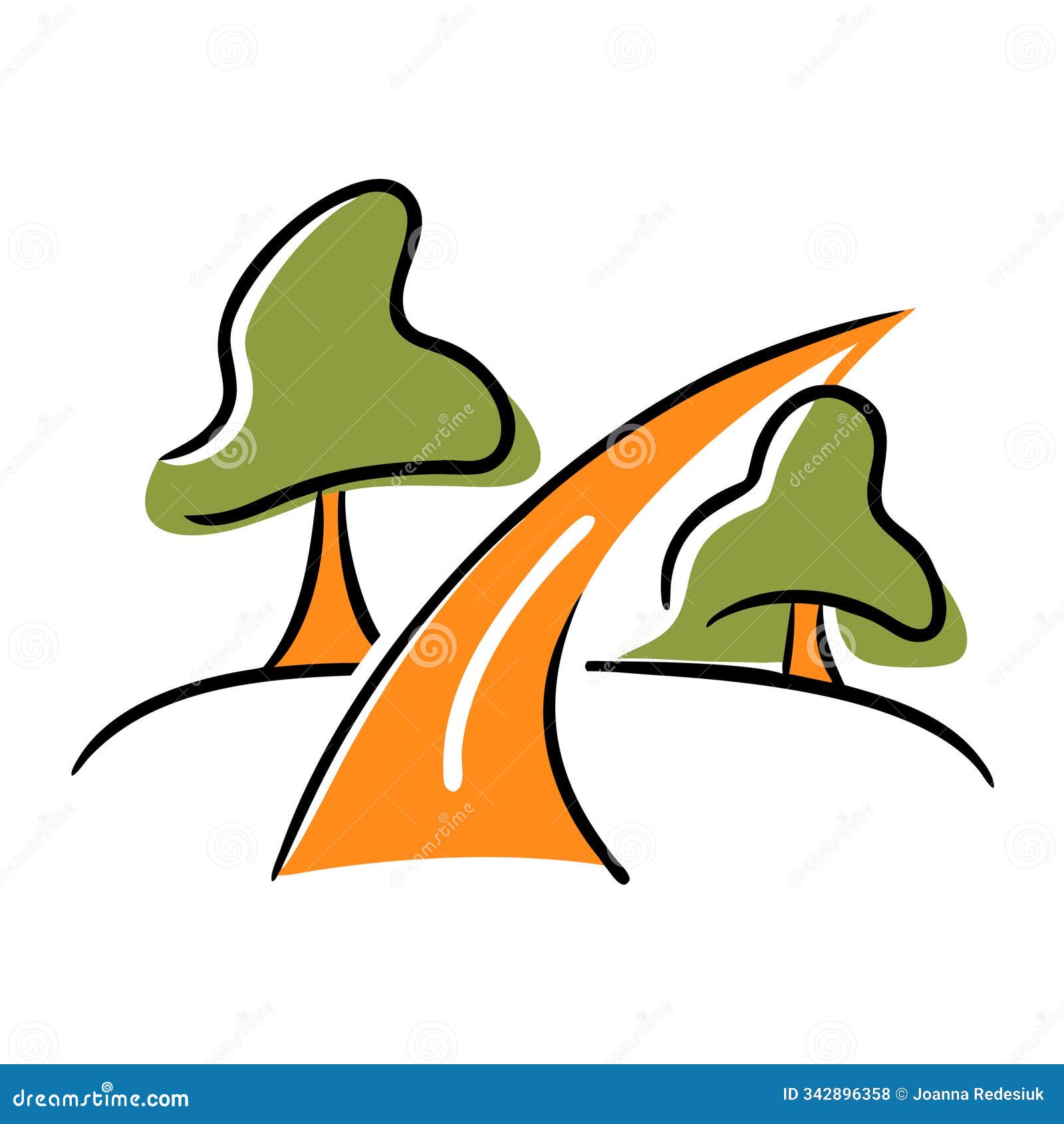 A Stylized Landscape Features Two Abstract Green Trees Alongside a ...