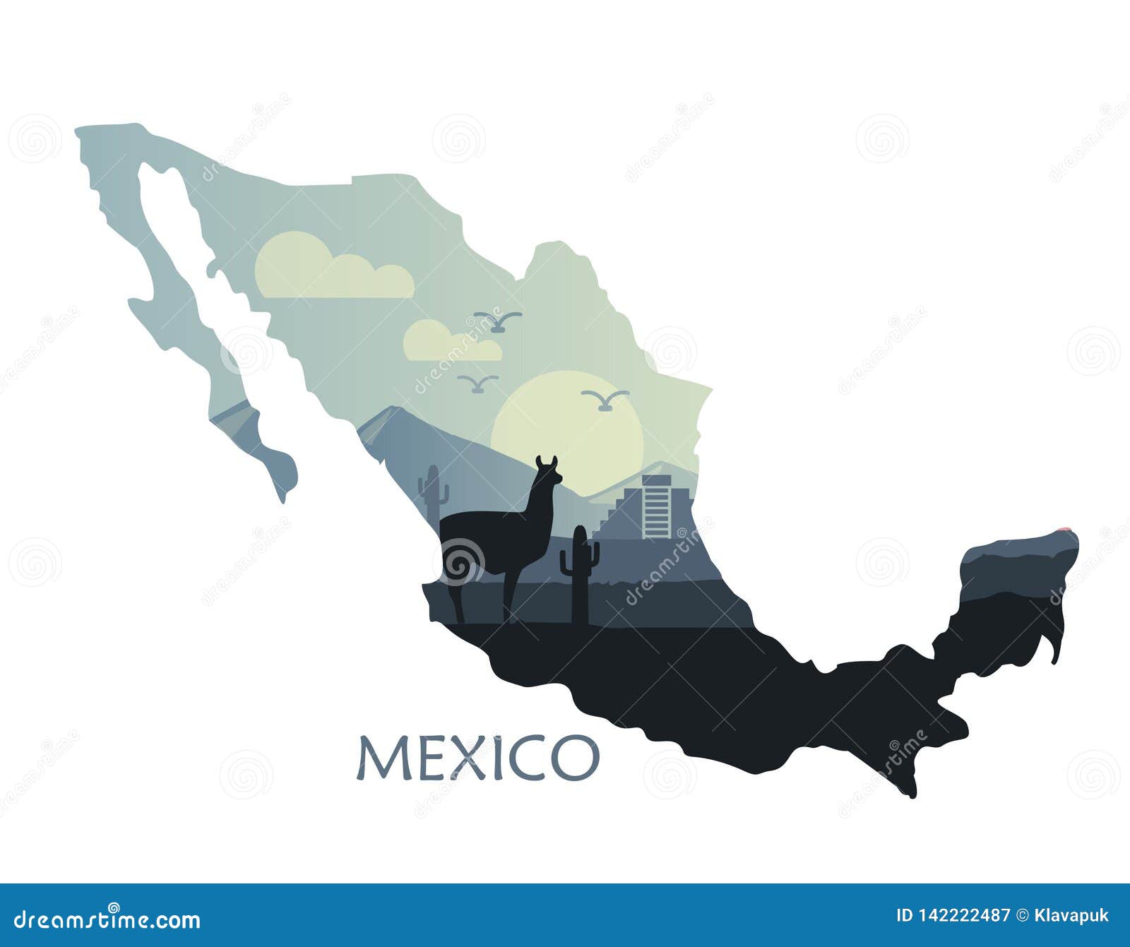 Stylized Landscape of Mexico with a Llama and Cactuses in the Form of a ...