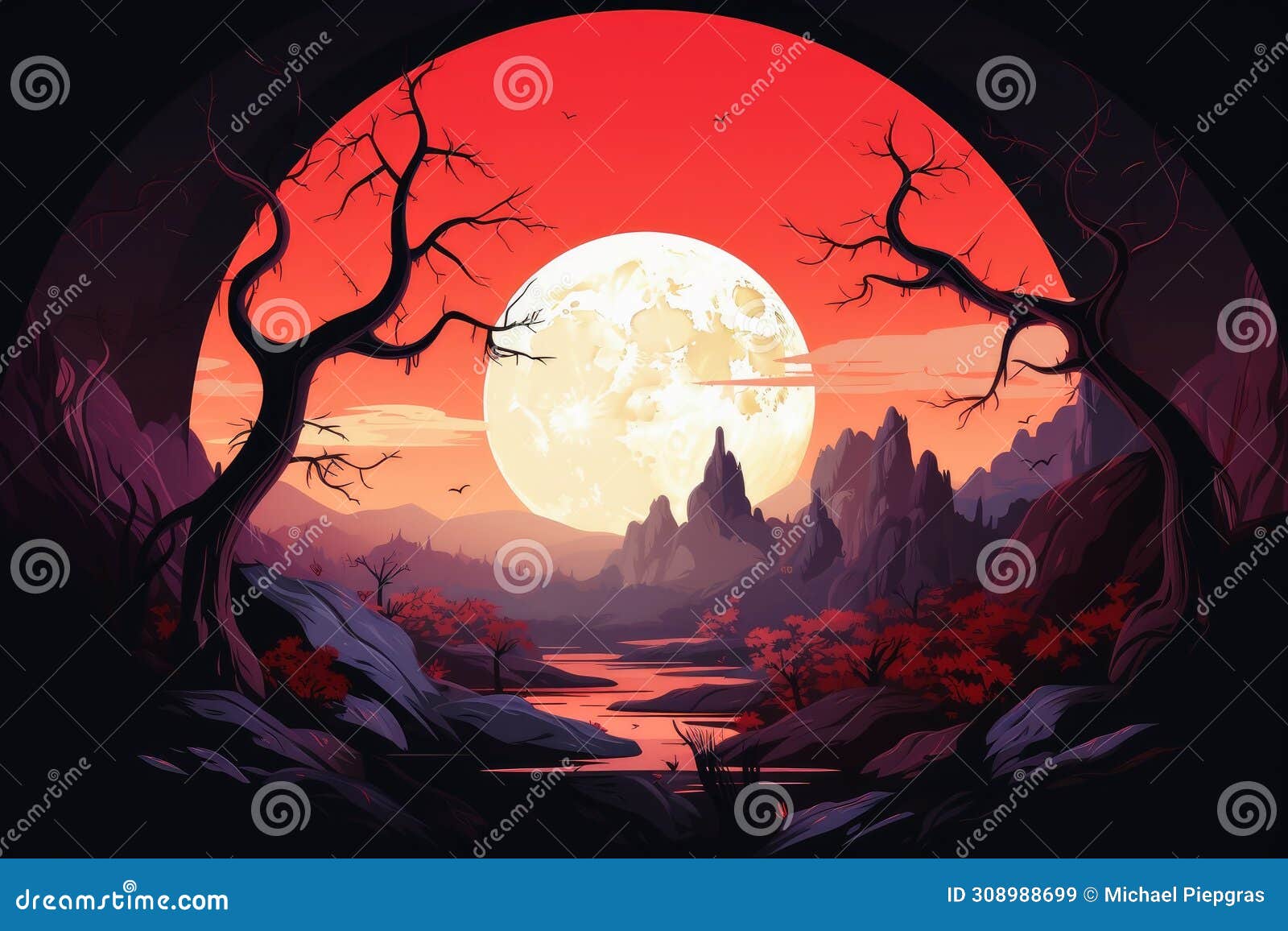 A Stylized Landscape Under a Full Moon Stock Illustration ...