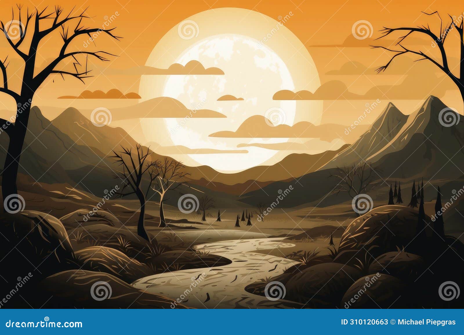 A Stylized Landscape Under a Full Moon Stock Illustration ...