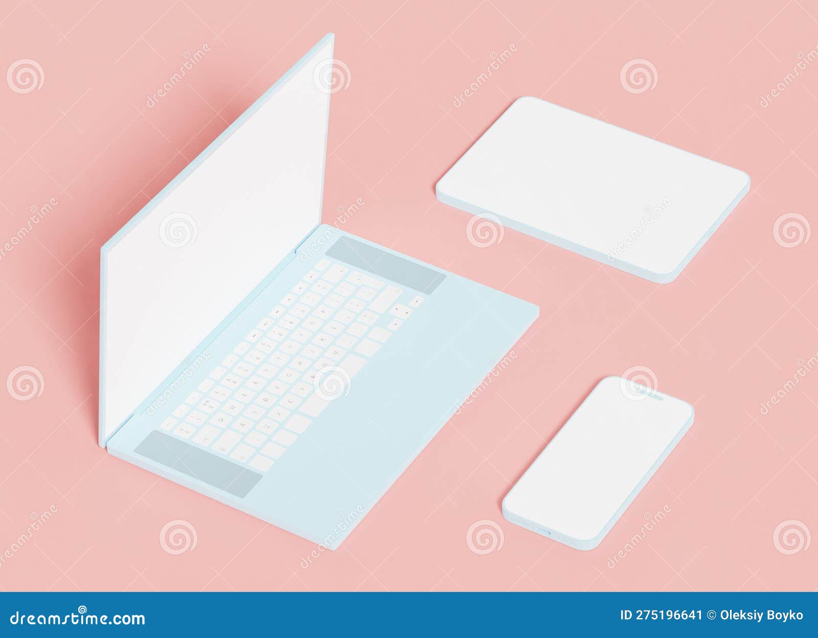 Stylized Light Blue Laptop, Tablet and Phone on Pale Pink Backdrop, 3d ...