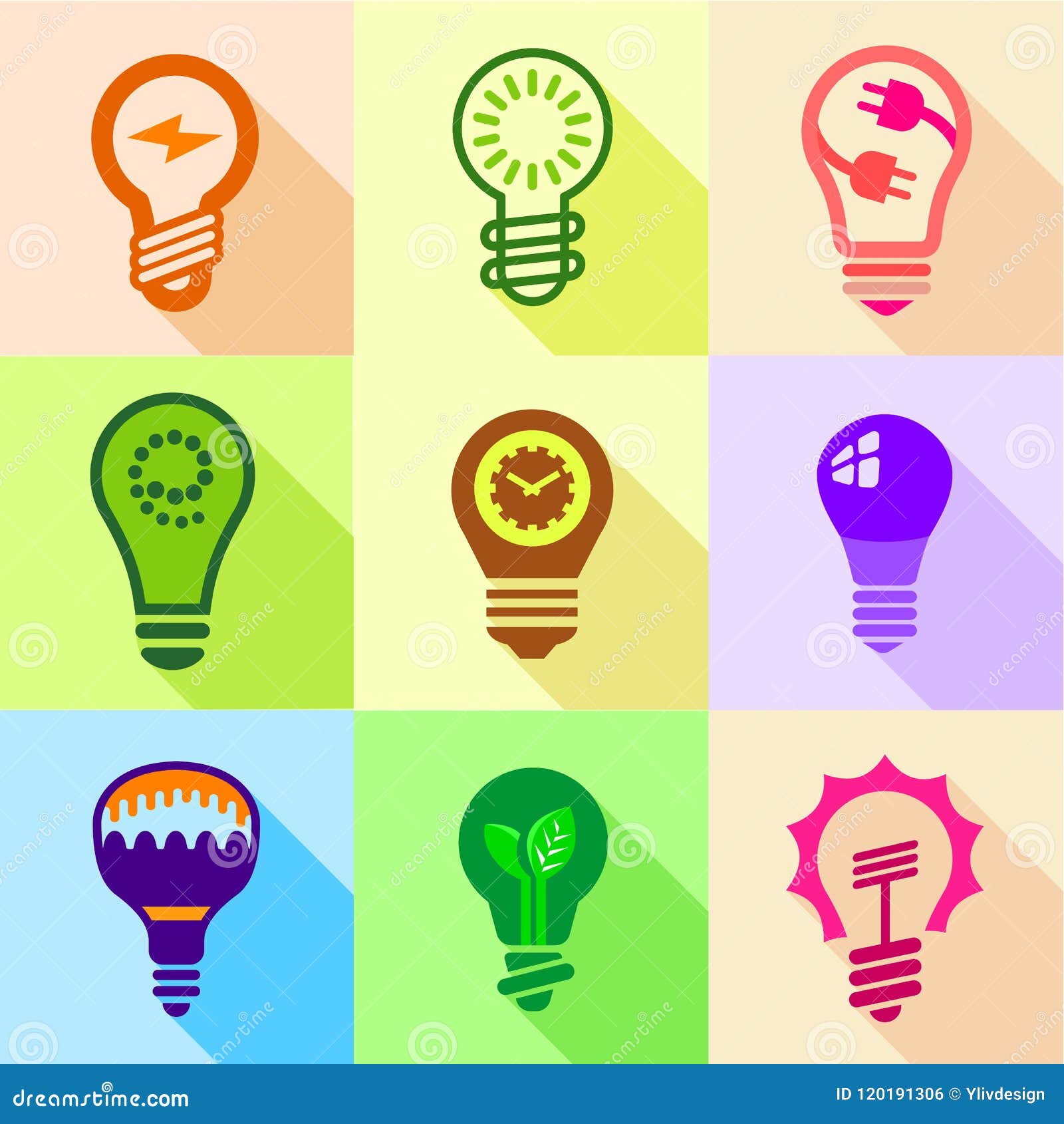 Stylized Light Bulb Icons Set, Flat Style Stock Vector - Illustration ...