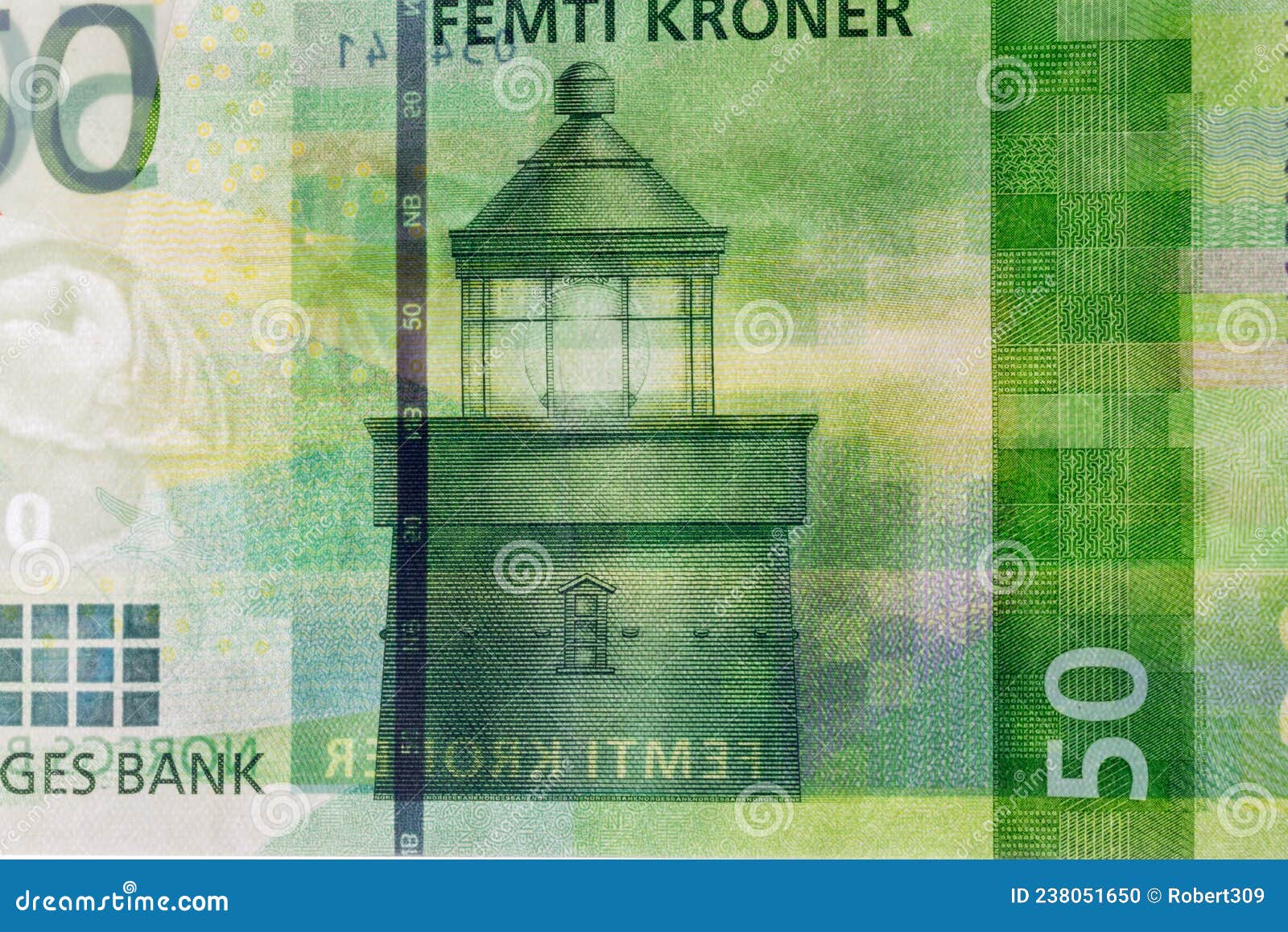 Stylized Lighthouse Beacon on 50 Norwegian Krone Banknote Stock Photo ...
