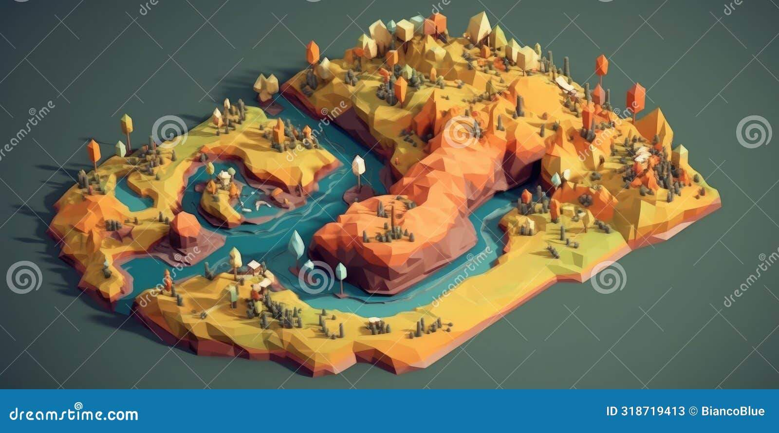 Digital Art of Low-poly 3D Map with a River Winding through Landscapes ...