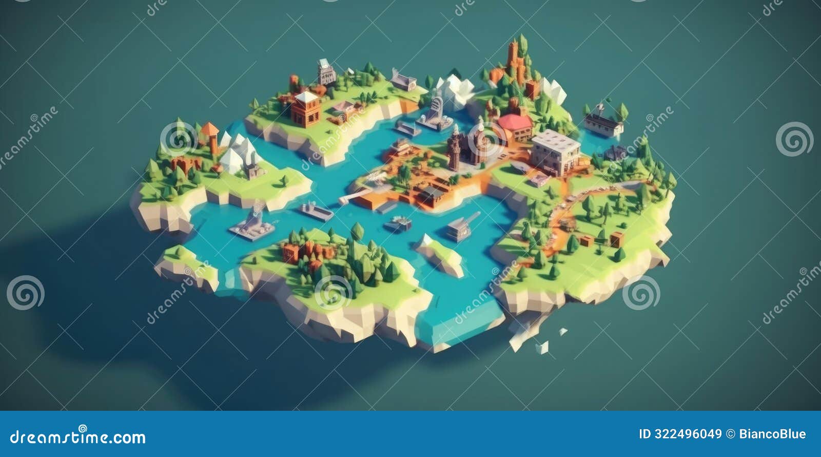 Digital Art of Low-poly 3D Map with a River Winding through Landscapes ...