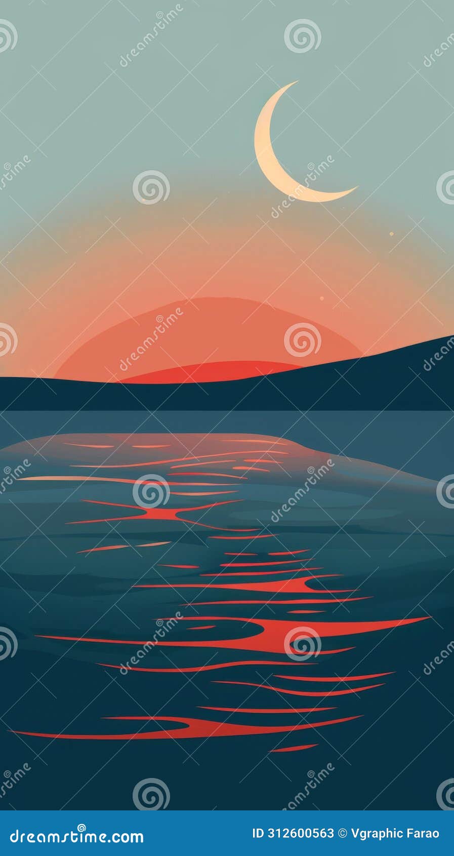 Stylized Minimalist Sunset Over Water with Crescent Moon Stock Image ...