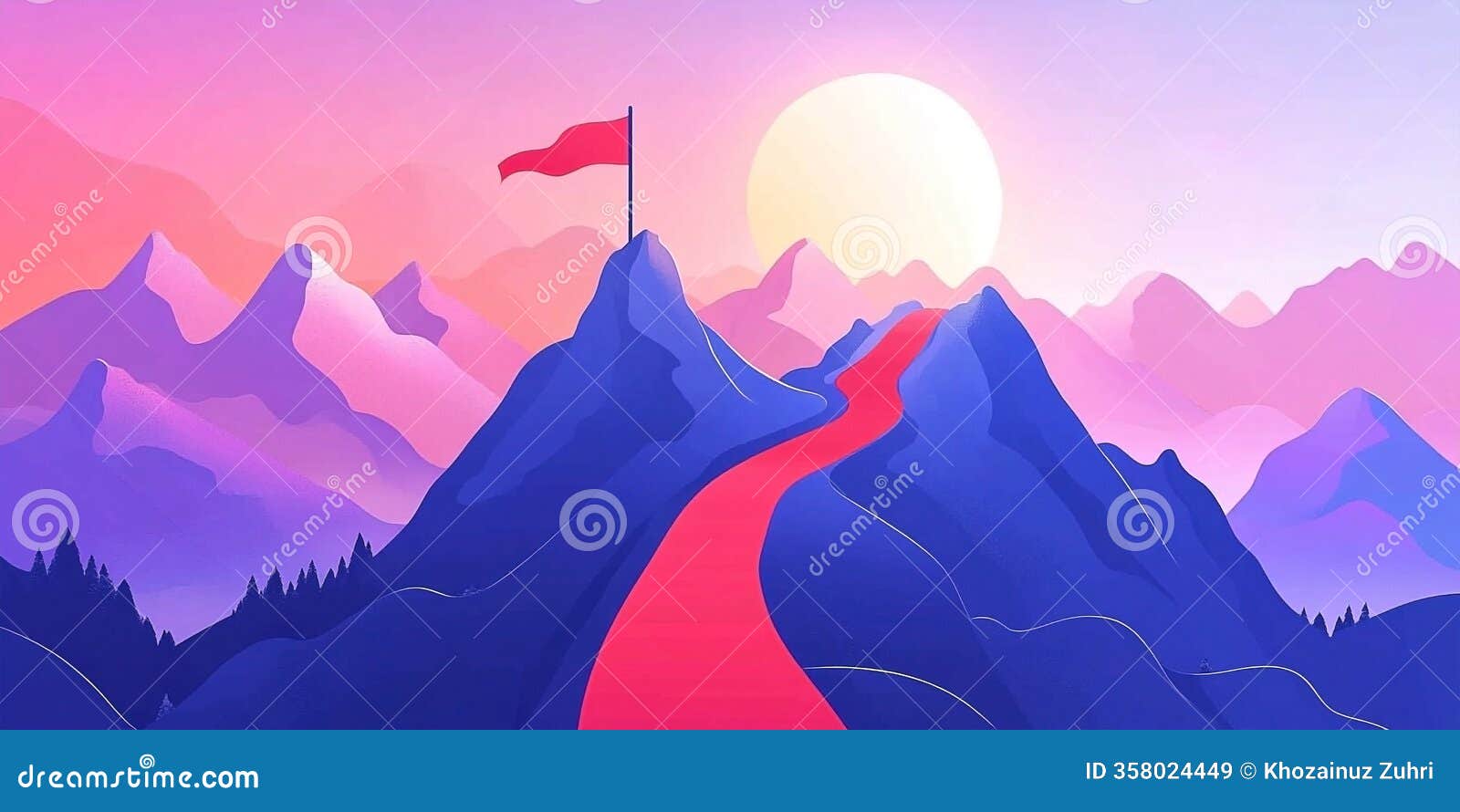 A Stylized Mountain Peak with a Winding Path and a Flag Reaching for ...