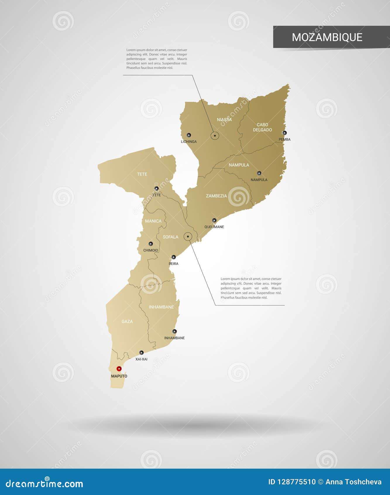 Stylized Mozambique Map Vector Illustration. Stock Vector - Illustration of gold, design: 128775510